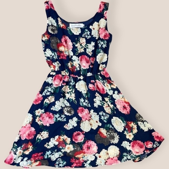 Dresses | Tang King Rui Navy Blue Floral A Line Modest Fit And Flare ...